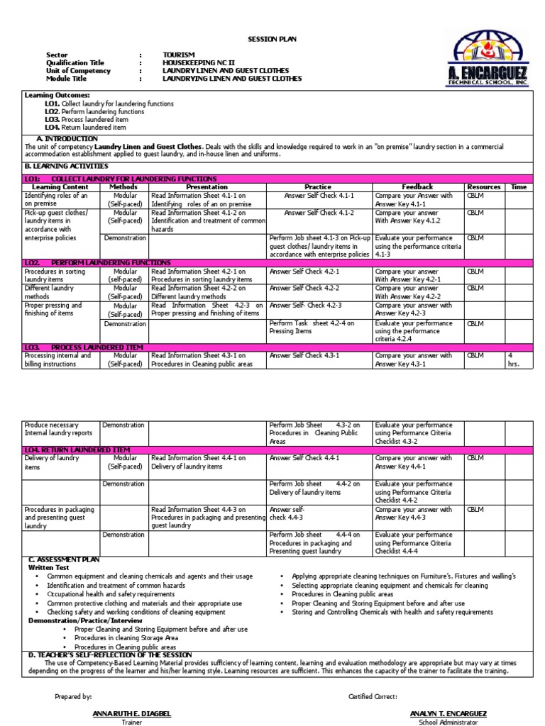 Session Plan-4-Laundry Linen and Guest Clothes | PDF