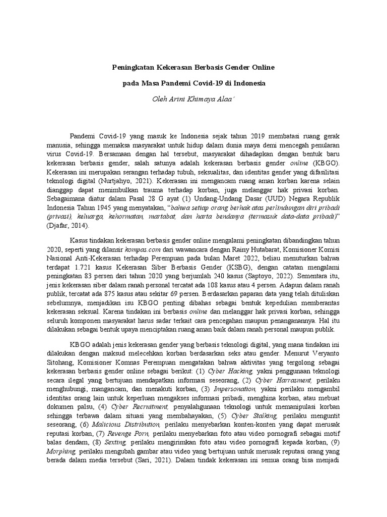 Esai Peningkatan Kekerasan Berbasis Gender Online Pada Masa Pandemi Covid-19 Di Indonesia | PDF