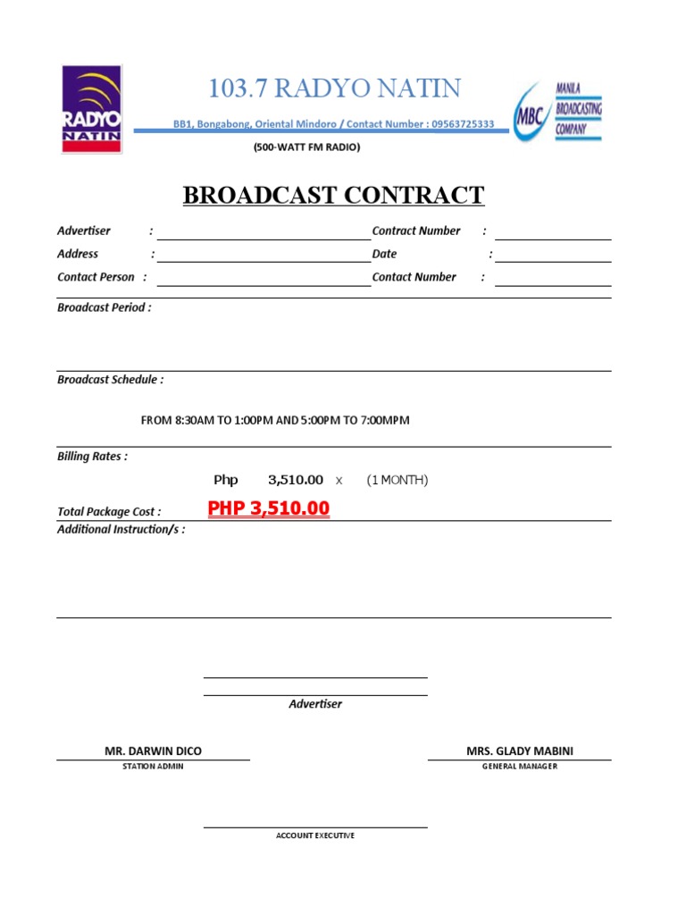 BROADCAST CONTRACT Blank 2023 | PDF