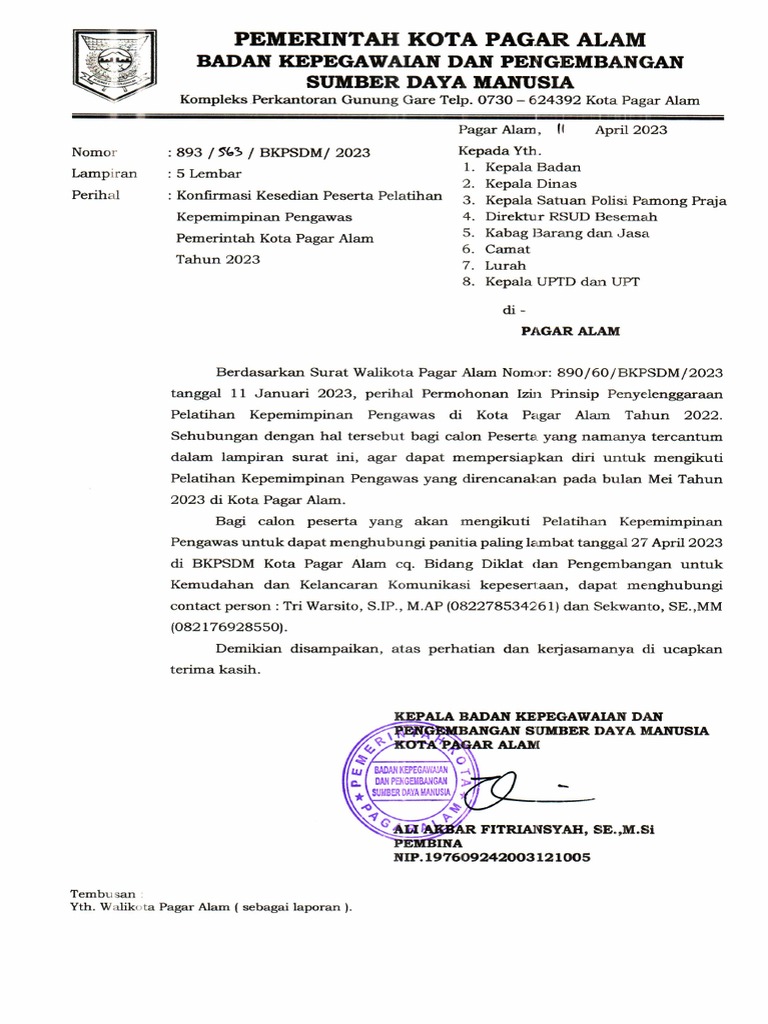 Surat Kepala BKPSDM Konfirmasi Peserta PIM IV 2023 | PDF