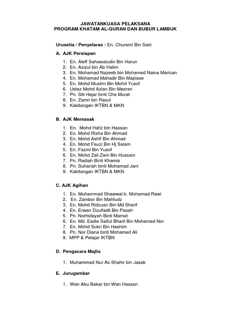 Senarai AJK Pelaksana Program Bubur Lambuk & Khatam IKTBN 2023 | PDF