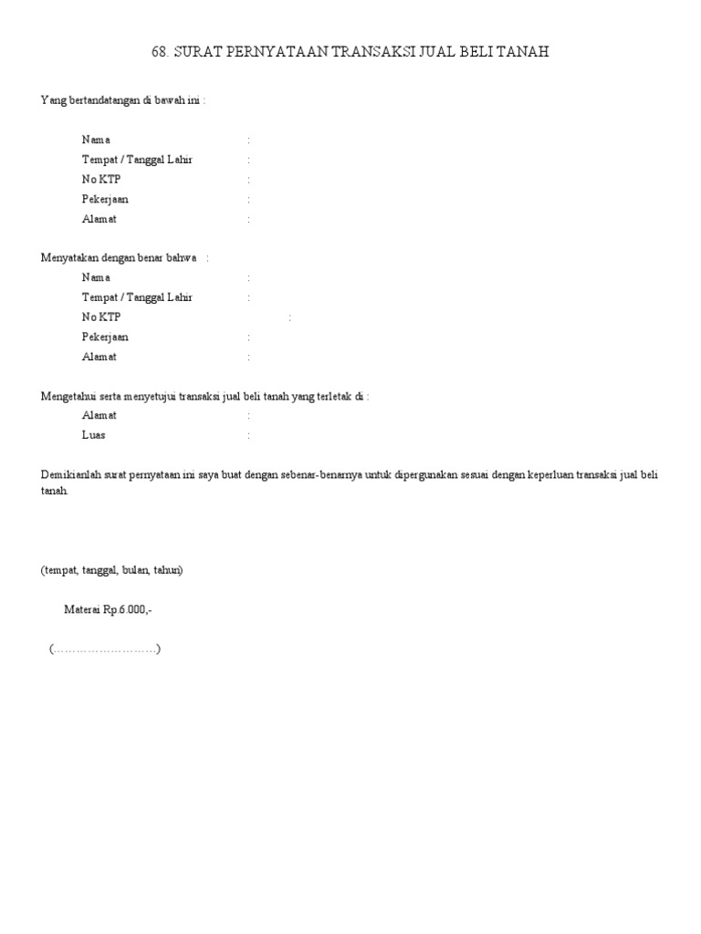Surat Pernyataan Transaksi Jual Beli Tanah | PDF