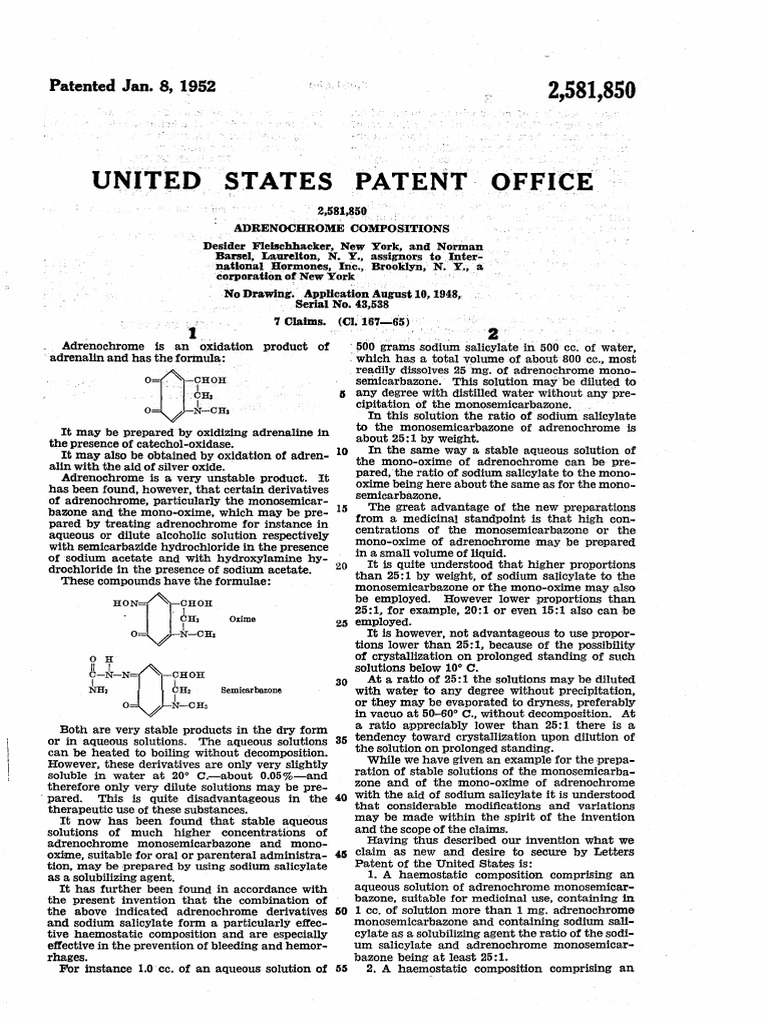 Stable Aqueous Solutions of Adrenochrome Derivatives for Medicinal Use ...