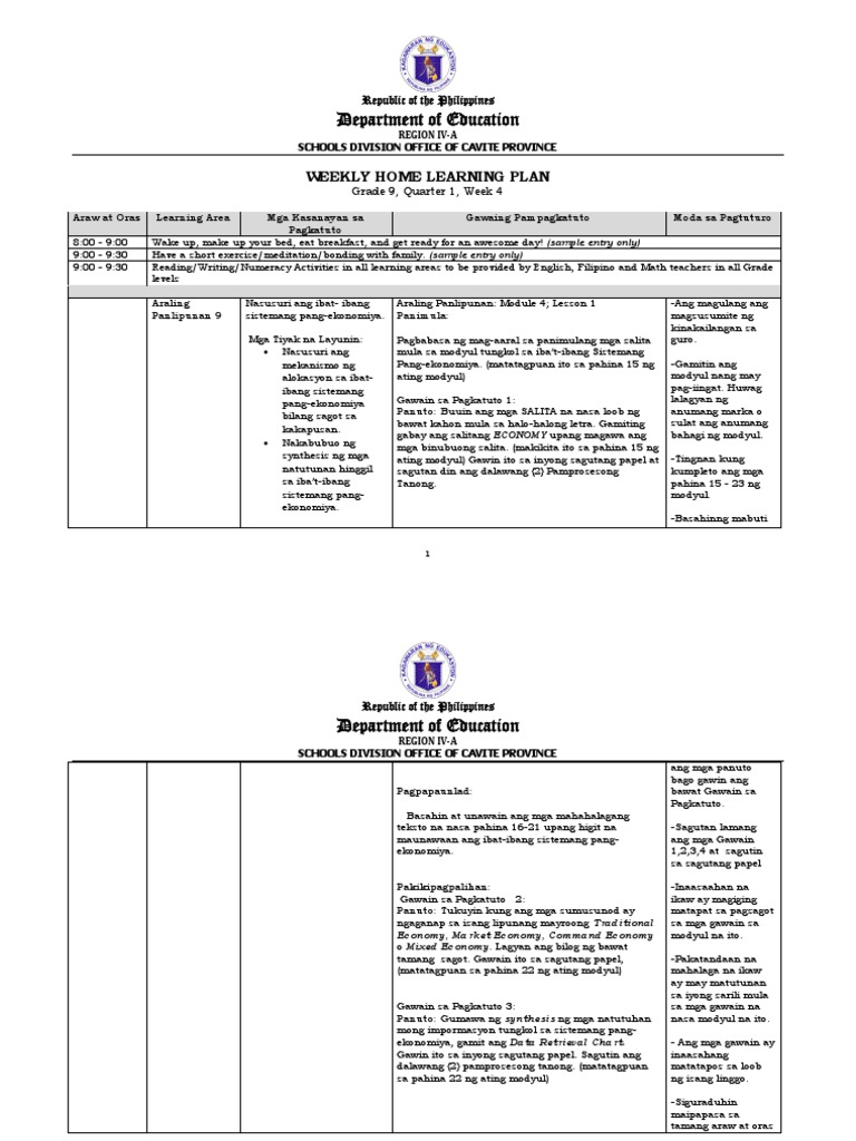 AP9 Q1 WEEK 4 Weekly Home Learning Plan | PDF