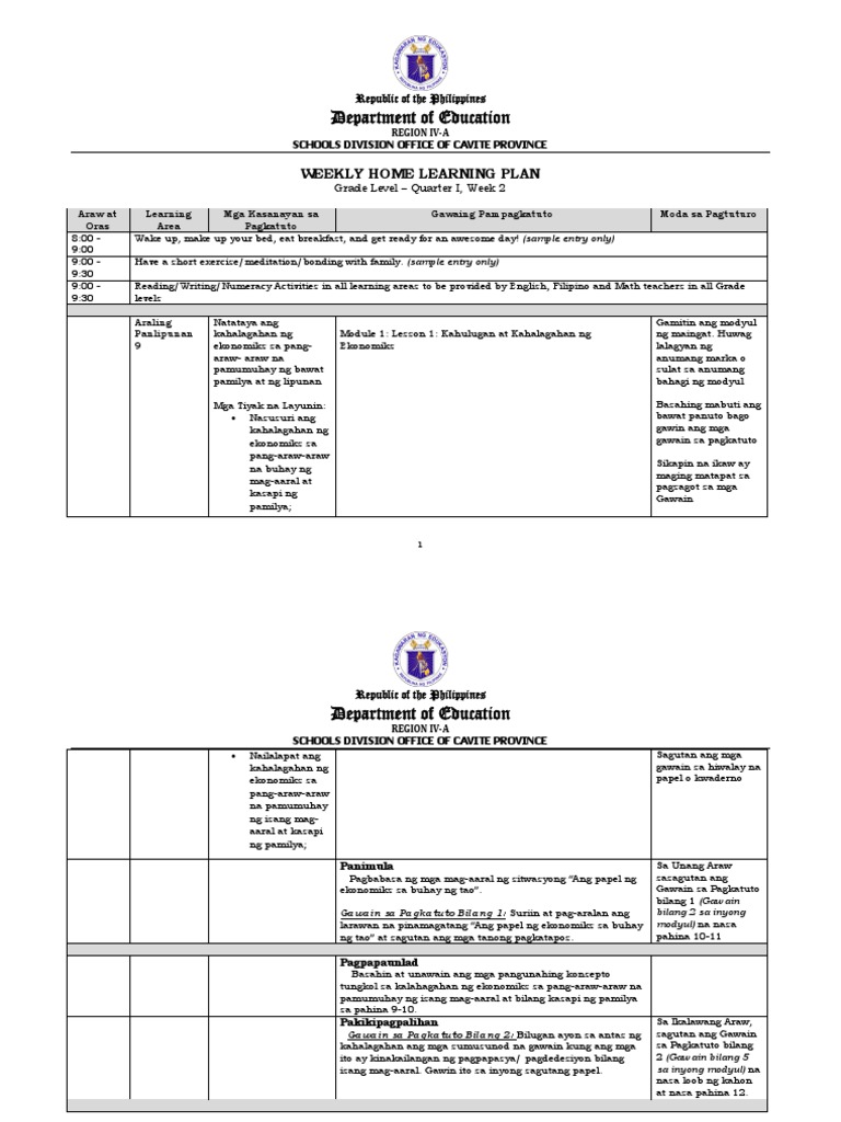 AP9 Q1 WEEK 2 Weekly Home Learning Plan | PDF