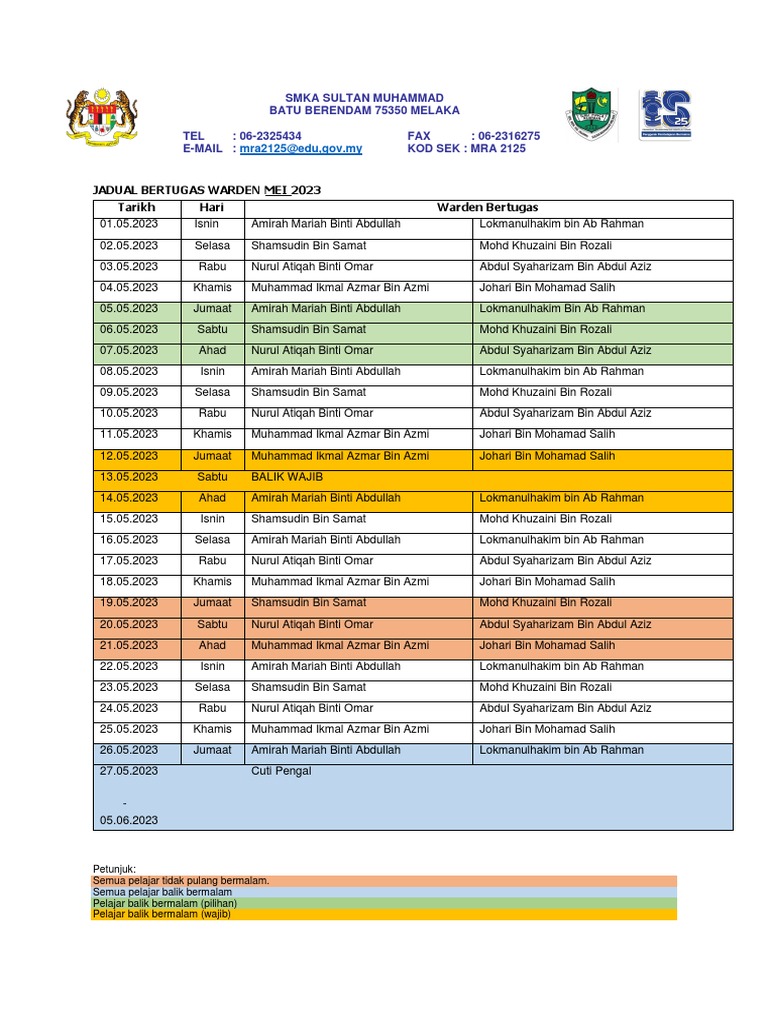 Jadual Warden Mei 2023 | PDF