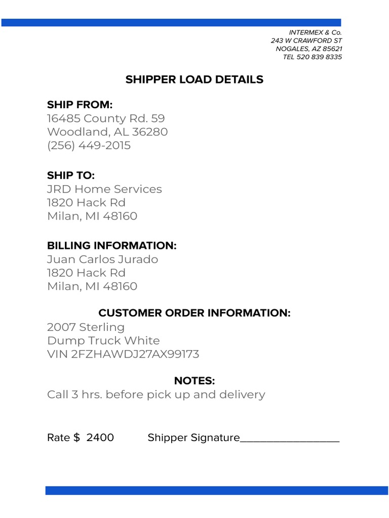 Shipper Load Details (Juan Carlos Jurado) | PDF
