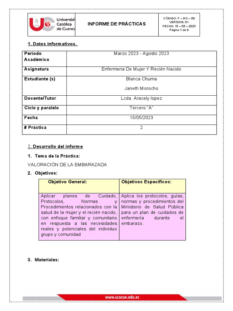 Informe de Valoracion de La Embarazada - Centro de Salud Suscal. | PDF ...