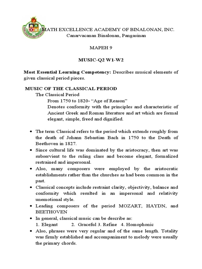 Mapeh 9 Aho Q2W1 | PDF | Classical Period (Music)