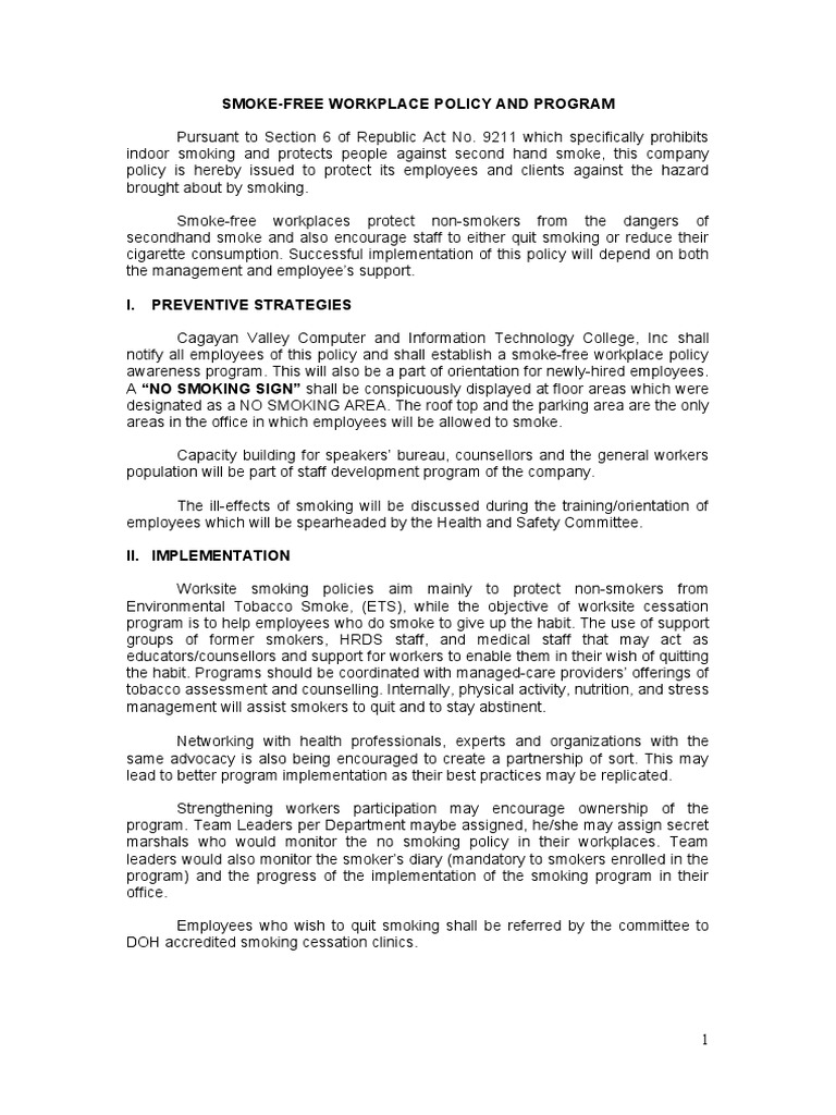 CVCITC Smoke-Free Workplace Policy & Program | PDF | Tobacco Smoking ...