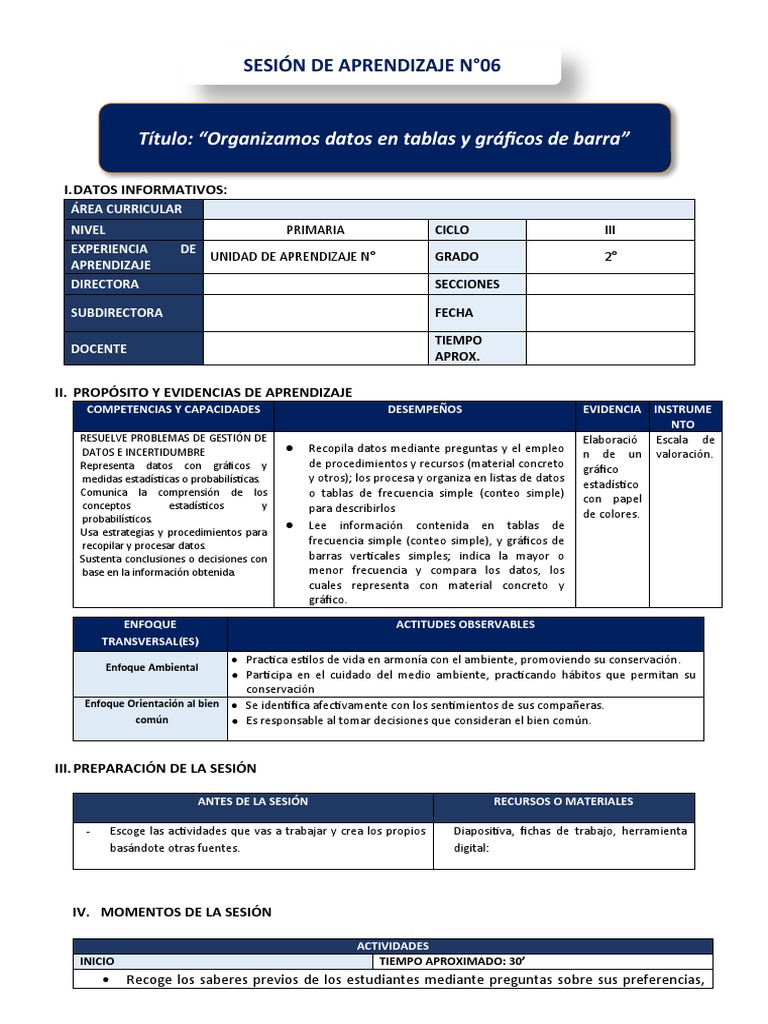 Sesion Organizamos Datos en Tablas y Gráficos de Barras | PDF | Aprendizaje | Evaluación