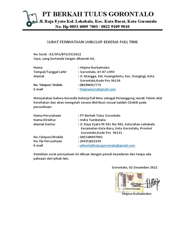 Surat Pernyataan Sanggup Bekerja Full Time | PDF