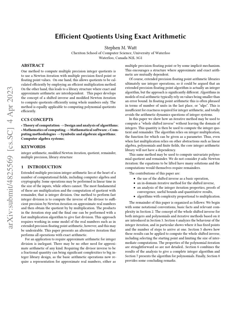 Efficient Quotients Using Exact Arithmetic Pdf Division Mathematics Polynomial