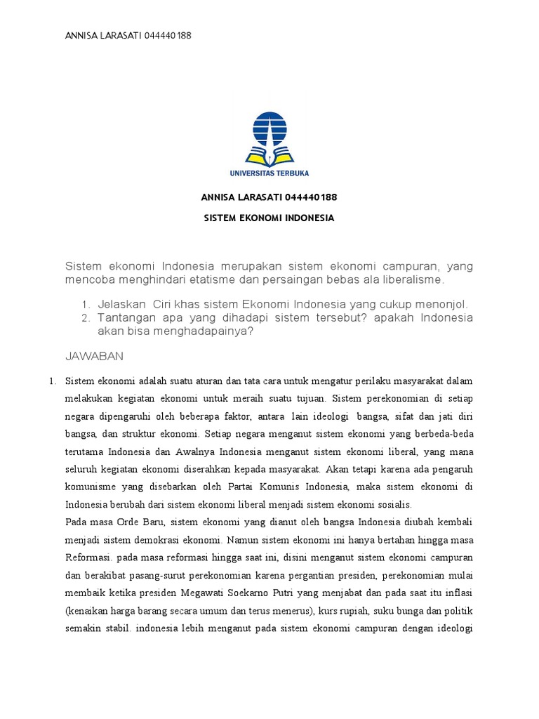 Tugas 1 - Sistem Ekonomi Indo - Annisa L | PDF | Pengelolaan Keuangan ... Tugas 1 - Sistem Ekonomi Indo - Annisa L | PDF | Pengelolaan Keuangan ...