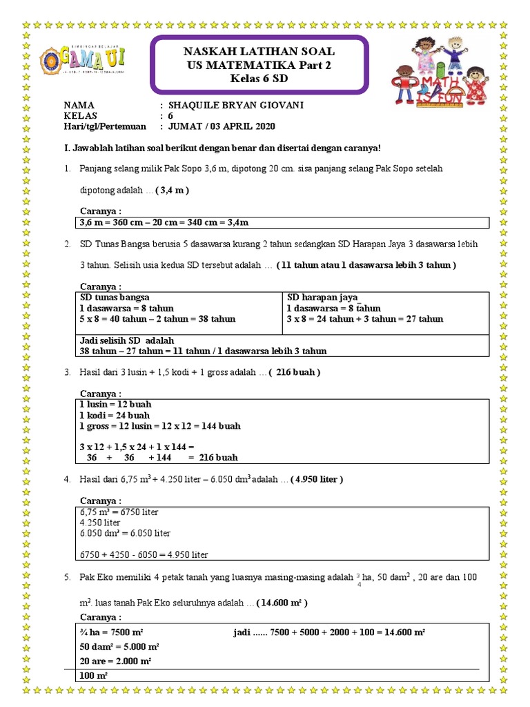 BRYAN - Latihan Soal US Matematika 6 SD Part 2 | PDF