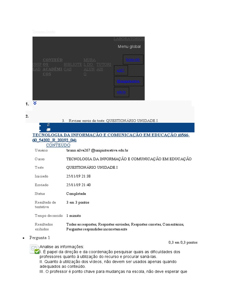 Tic Teste Questionário Unidade I | PDF | Tecnologia educacional | Pedagogia