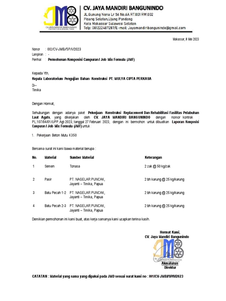 Permohonan Job Mix Formula Beton K350 | PDF