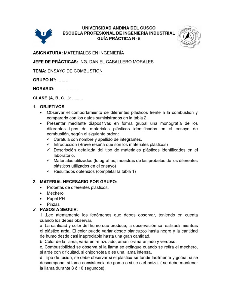 Guia Práctica #5 Ensayo de Combustión de Plásticos | PDF | Materiales ... Guia Práctica #5 Ensayo de Combustión de Plásticos | PDF | Materiales ...