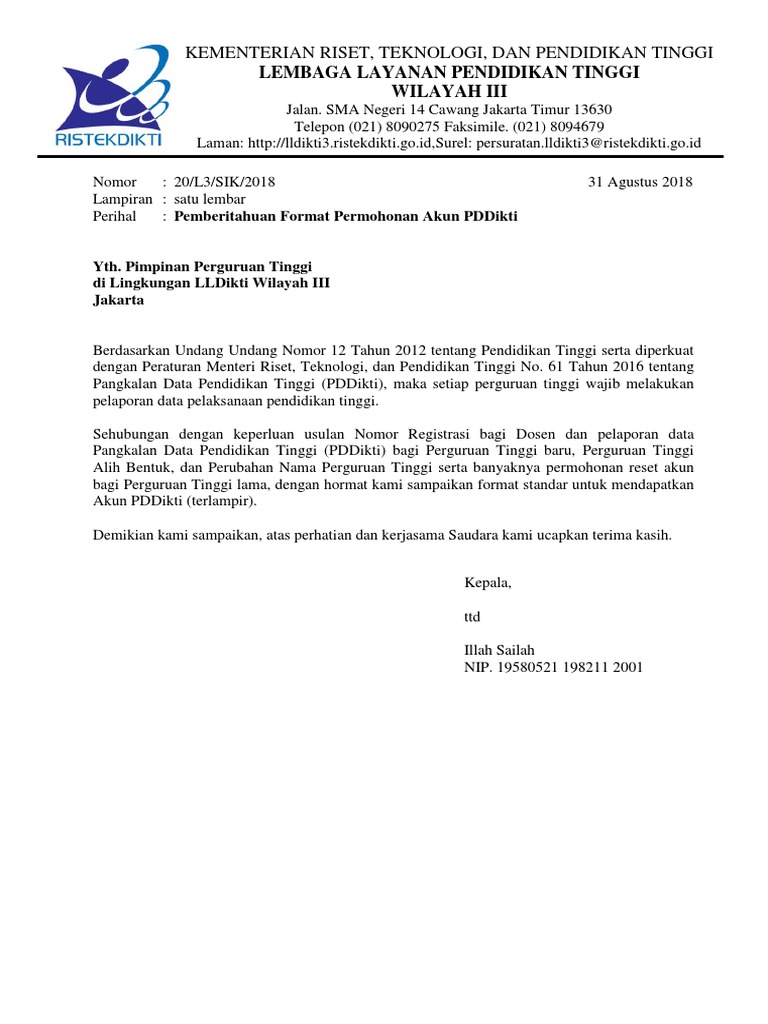 Surat-Pemberitahuan-Format-Permohonan-Akun-PDDikti | PDF