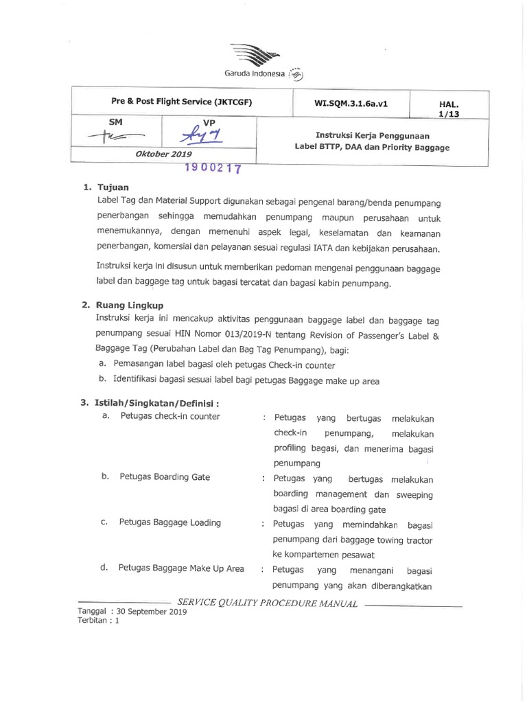 Instruksi Kerja Penggunaan Label BTTP, DAA Dan Priority Baggage | PDF