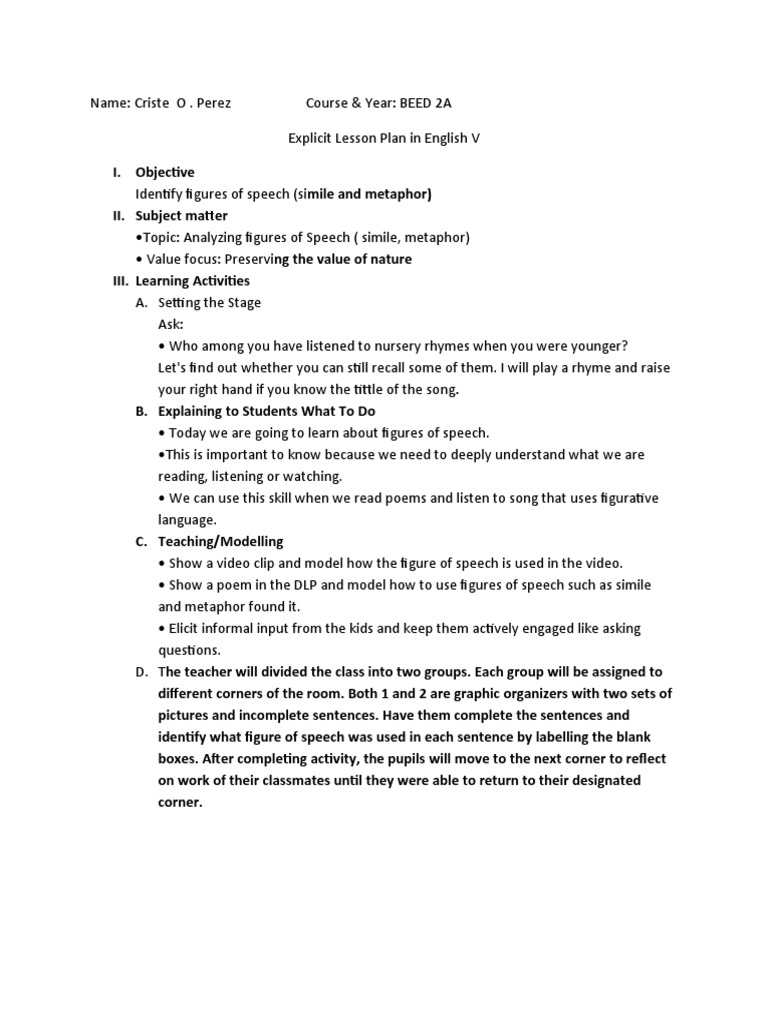 Explicit Lesson Plan | PDF | Lesson Plan | Metaphor