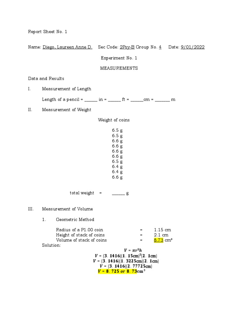 Experiment 1 Measurements Lab Report Only | PDF
