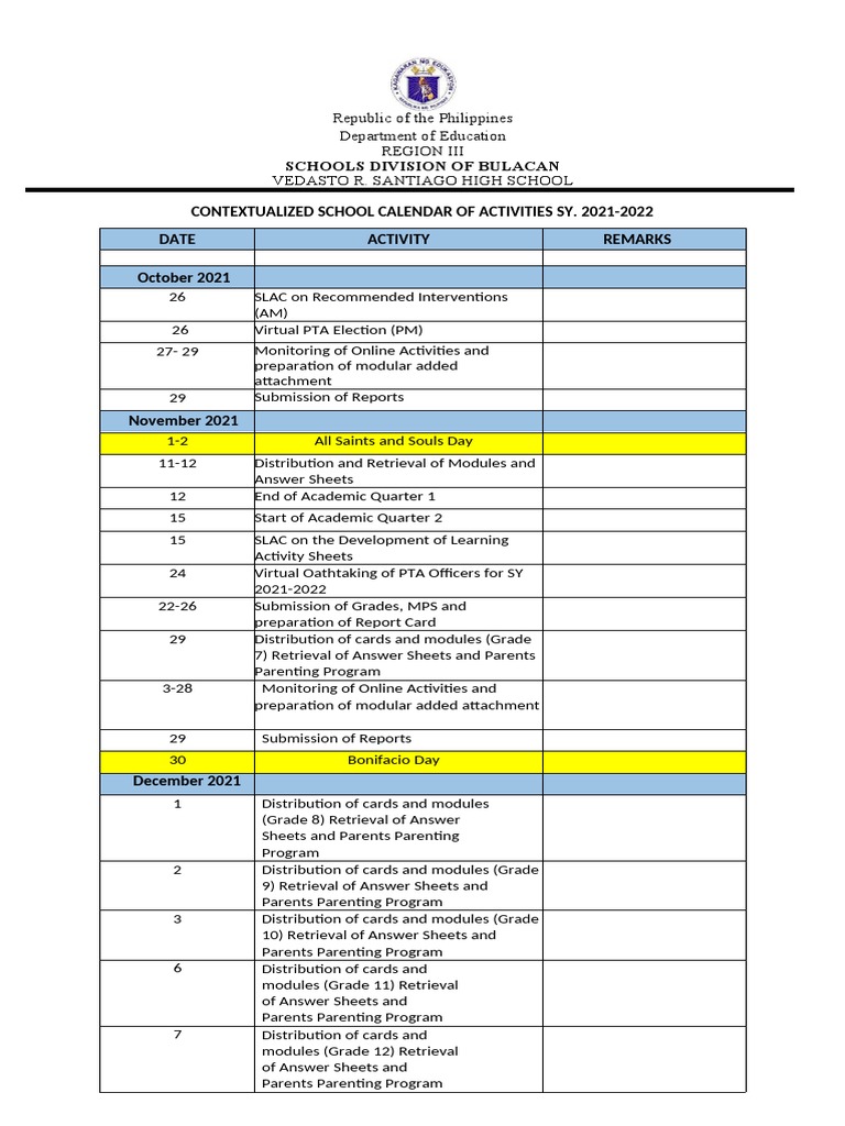 Contextualized School Calendar of Activities SY 2021 2022 | PDF ...