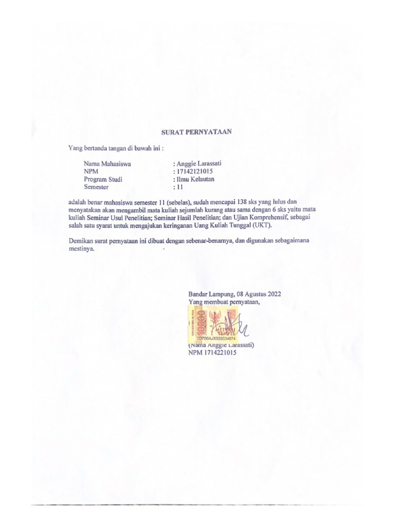 Surat Pernyataan Materai 10000 | PDF