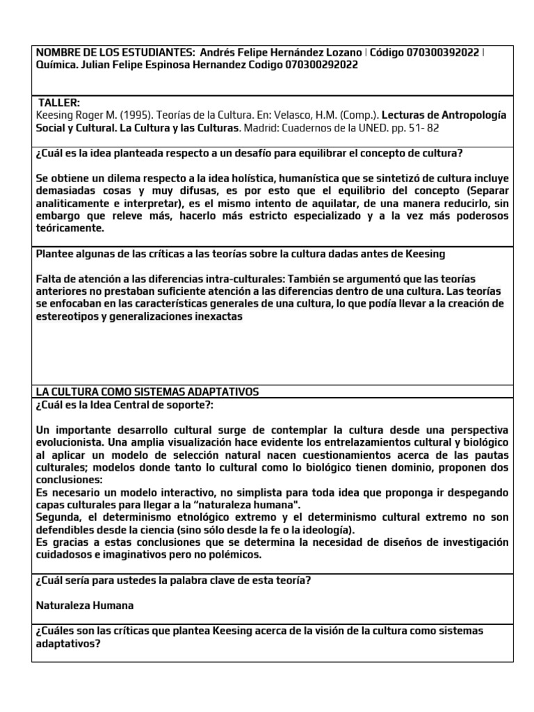 Taller Teorias de La Cultura - Keesing | PDF | Mente | Conocimiento