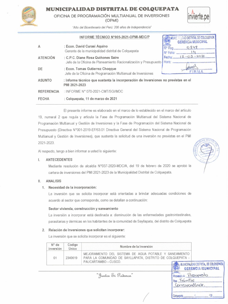 Informe Tecnico Que Sustenta La Incorporación de Inversiones No | PDF