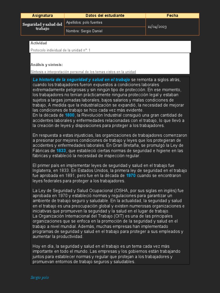 Protocolo Individual U1 Seguridad y Salud Del Trabajo | PDF | Seguridad y salud ocupacional ...
