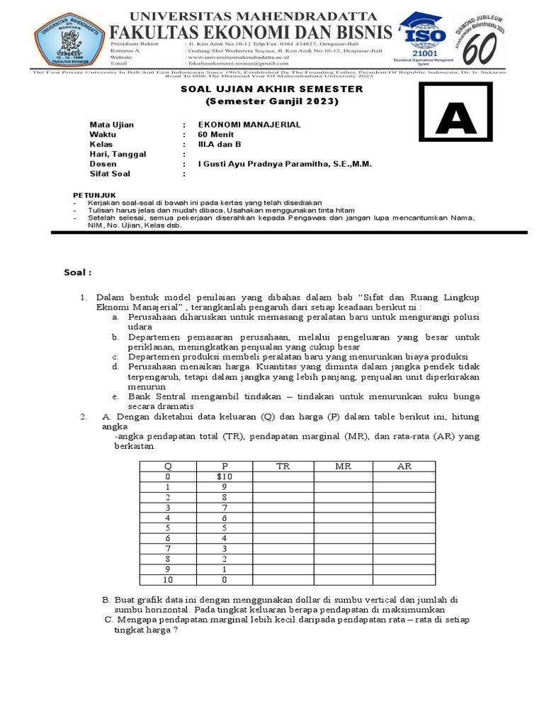 Uas Ekonomi Manajerial I Gusti Ayu Pradnya Paramitha S.e.,m.m | PDF