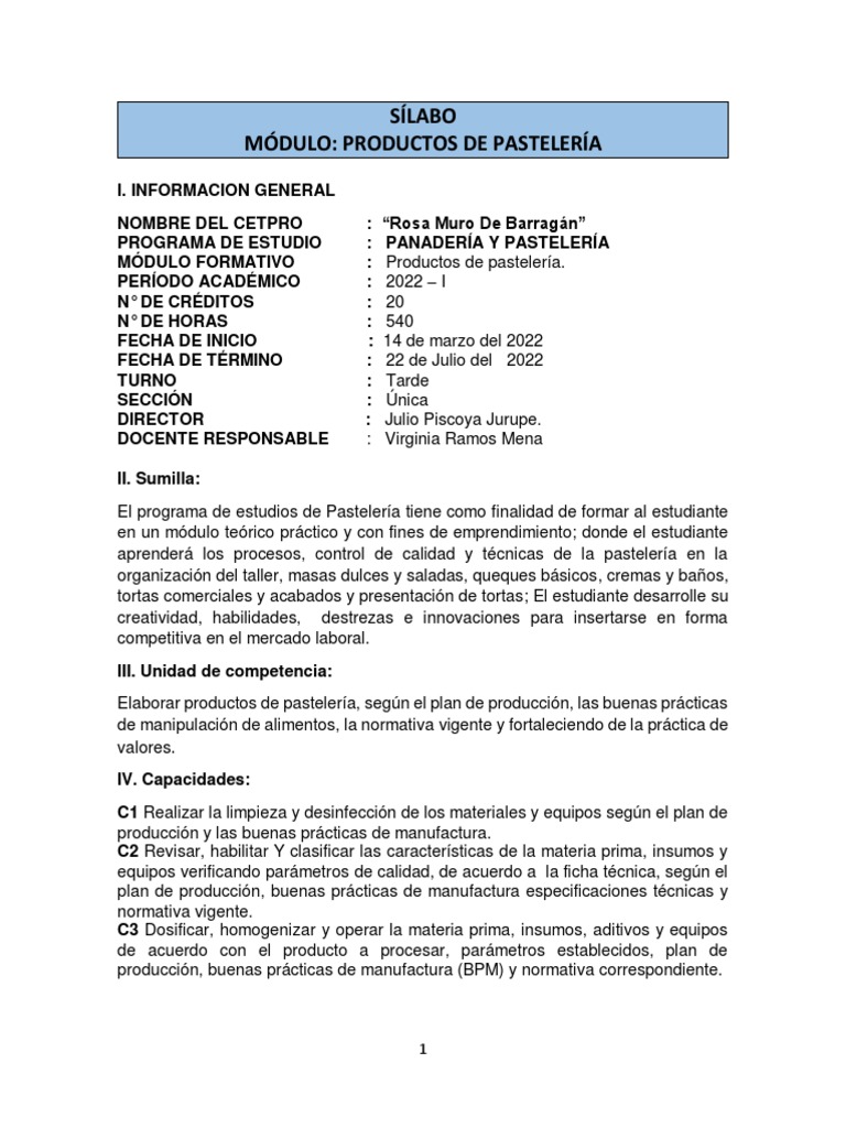 Silabo Pasteler. y Panaderia .Grupal | PDF | Comunicación | Iniciativa empresarial