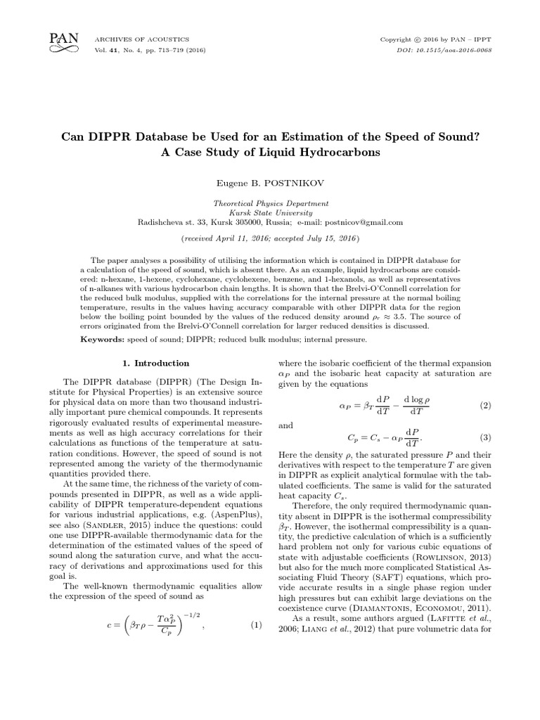 Can DIPPR Database Be Used For An E | PDF | Density | Temperature