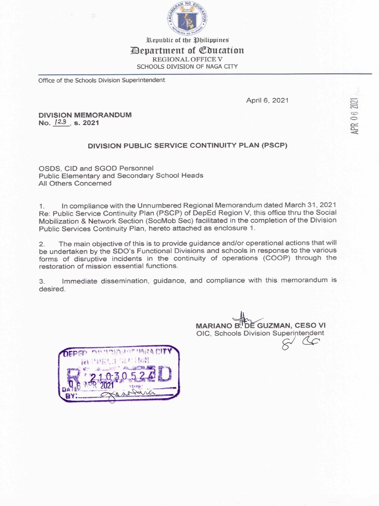 DM No. 123, s. 2021 Division Public Service Continuity Plan (PSCP) | PDF