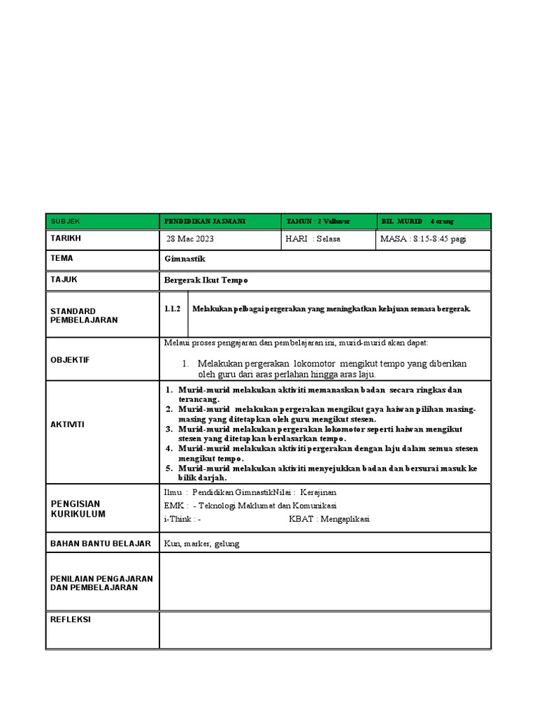 RPH PJ Tahun 2 2023 | PDF