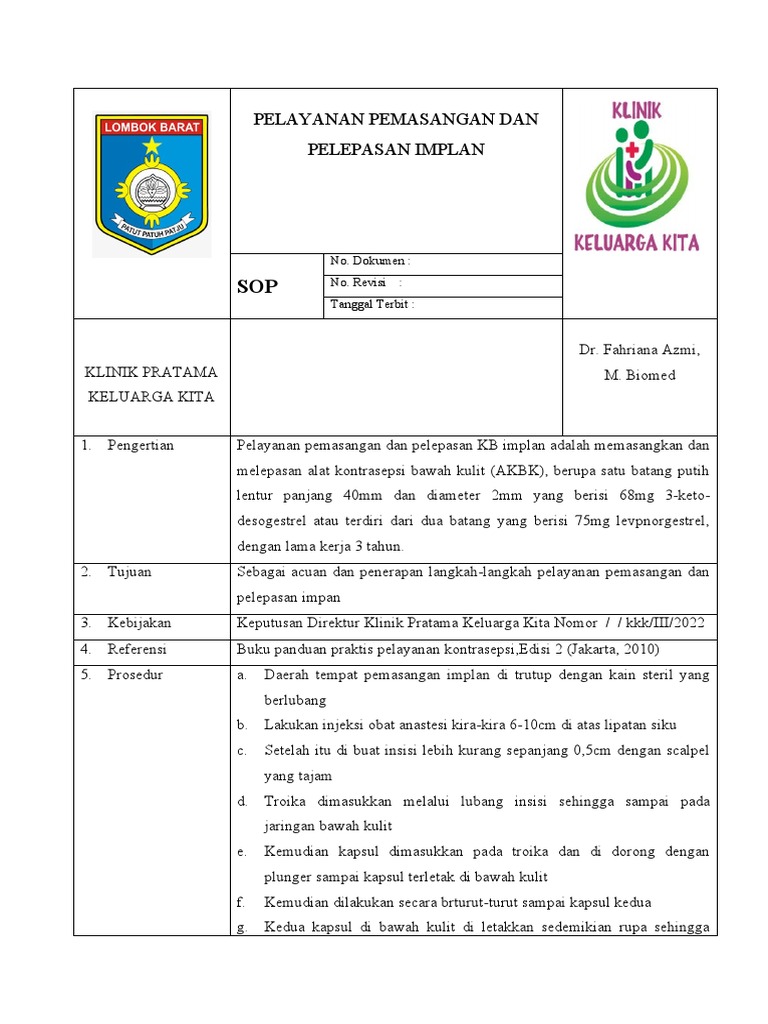 Sop Pelayanan Pemasangan Dan Pelepasan Implan | PDF
