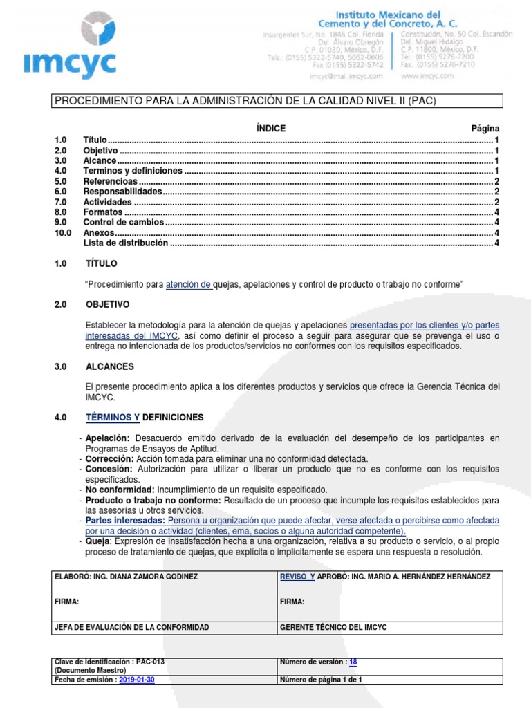 PAC-013 Quejas, Apelaciones y Trabajo No Conforme - R1 | PDF | Calidad (comercial) | Calibración