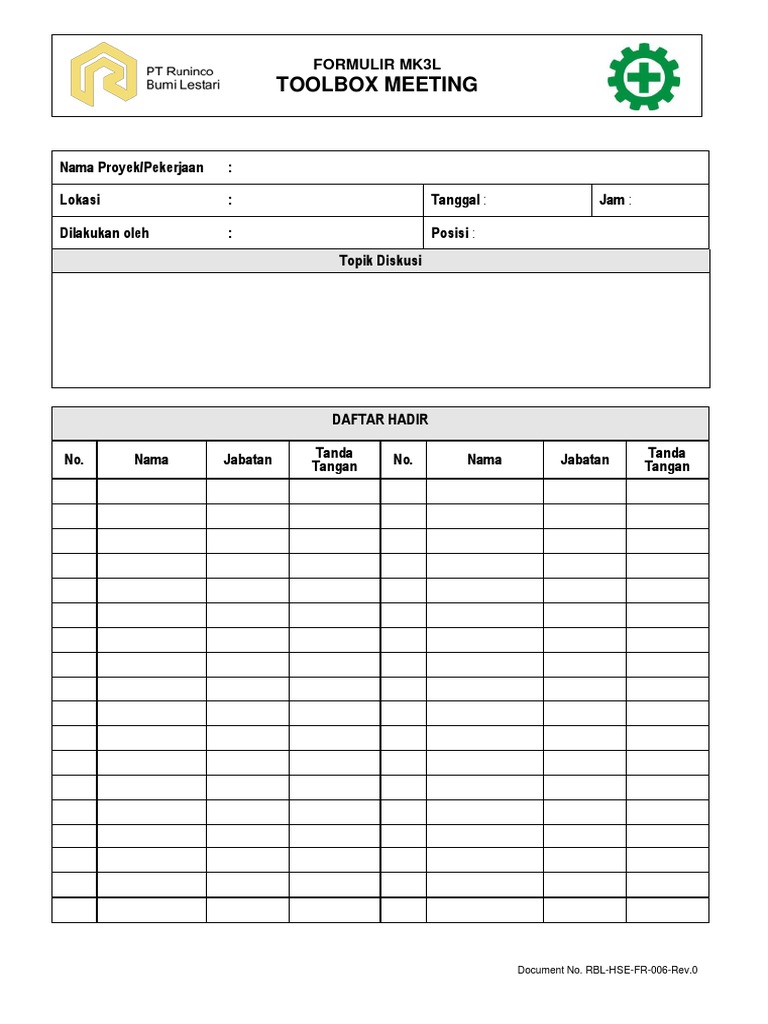 Daftar Hadir Toolbox Meeting | PDF