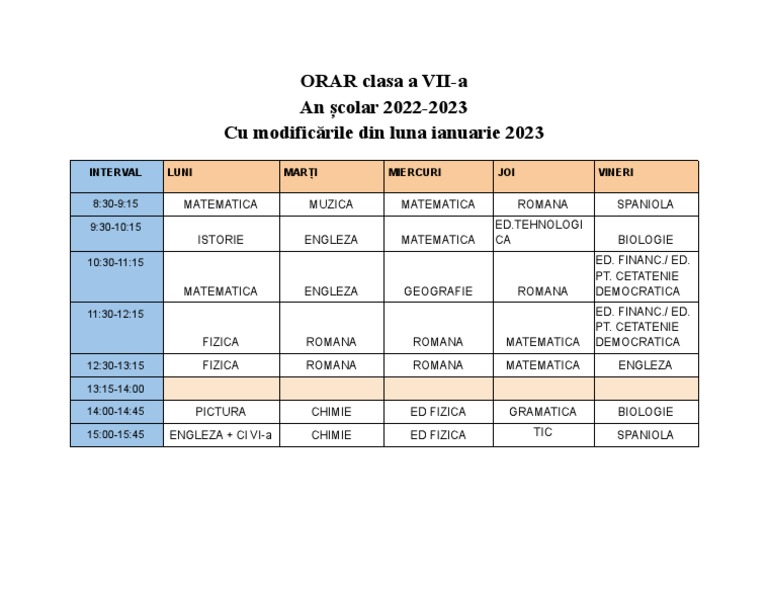 Orar Clasa A VII-a | PDF