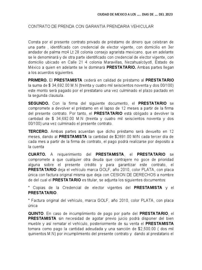 CONTRATO DE PRENDA CON GARANTIA PRENDARIA VEHICULAR | PDF