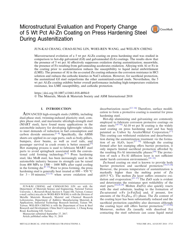 Microstructural Evaluation and Property Change of 5 WT PCT Al-Zn Coating On Press Hardening ...
