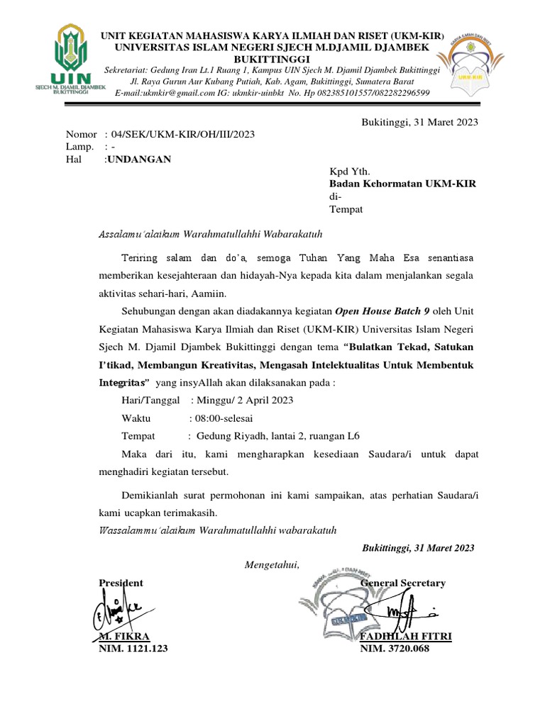 Undangan Open House UKM-KIR UIN Bukittinggi | PDF