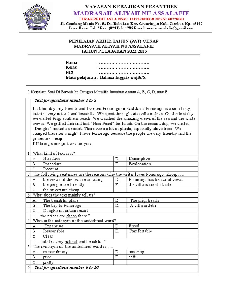 Soal Bahasa Inggris PAS KELAS 10 2023 | PDF | Mammals