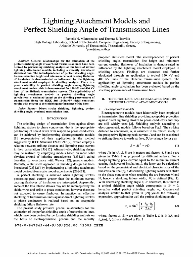Lightning Attachment Models And Perfect Shielding Angle Of Transmission Lines Pdf