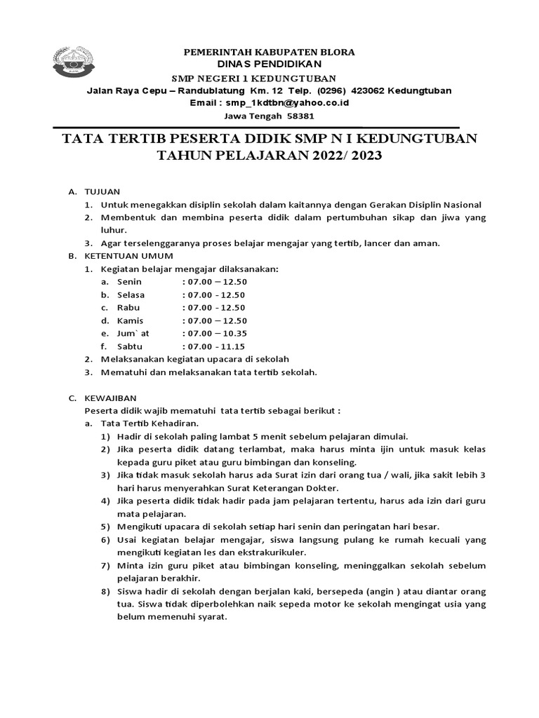 Tata Tertib Siswa SMP Negeri 1 Kedungtuban P. Pras | PDF Tata Tertib Siswa SMP Negeri 1 Kedungtuban P. Pras | PDF