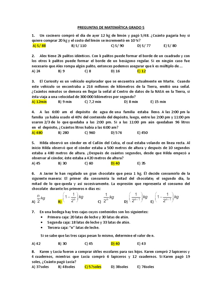 Preguntas de Matemática Grado 5 | PDF