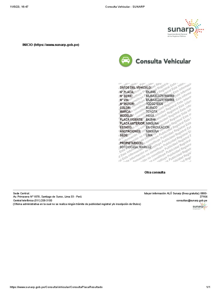 Consulta Vehicular - SUNARP | PDF
