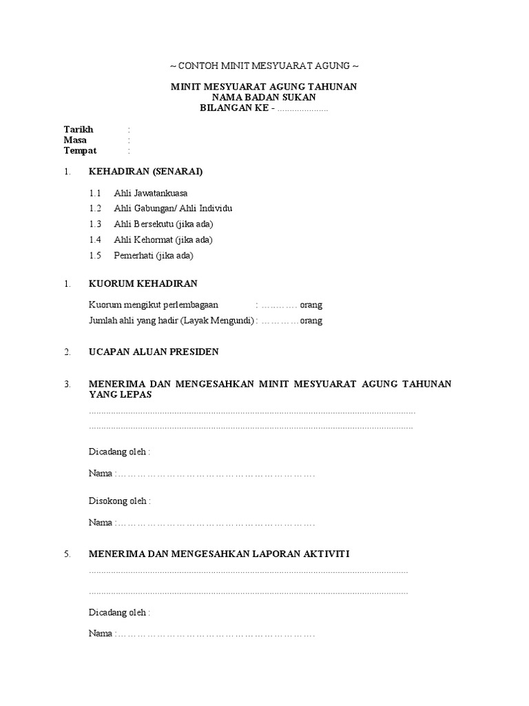 CONTOH MINIT MESYUARAT AGUNG | PDF