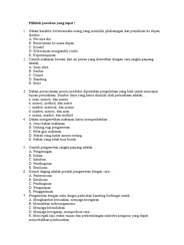 Soal Pilgan Pengawetan Kelas X | PDF